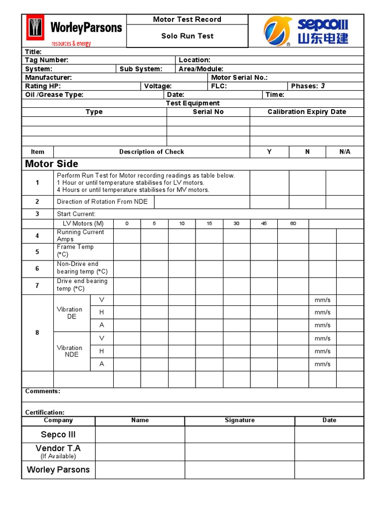 Motor Solo Run Test Record Format | PDF