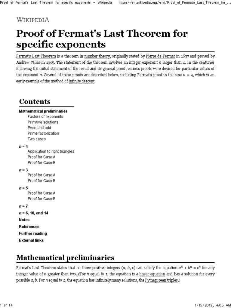 Proof of Fermat's Last Theorem For Specific Exponents - Wikipedia PDF ...