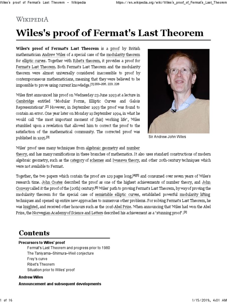Wiles's Proof of Fermat's Last Theorem - Wikipedia | PDF | Fermat's ...