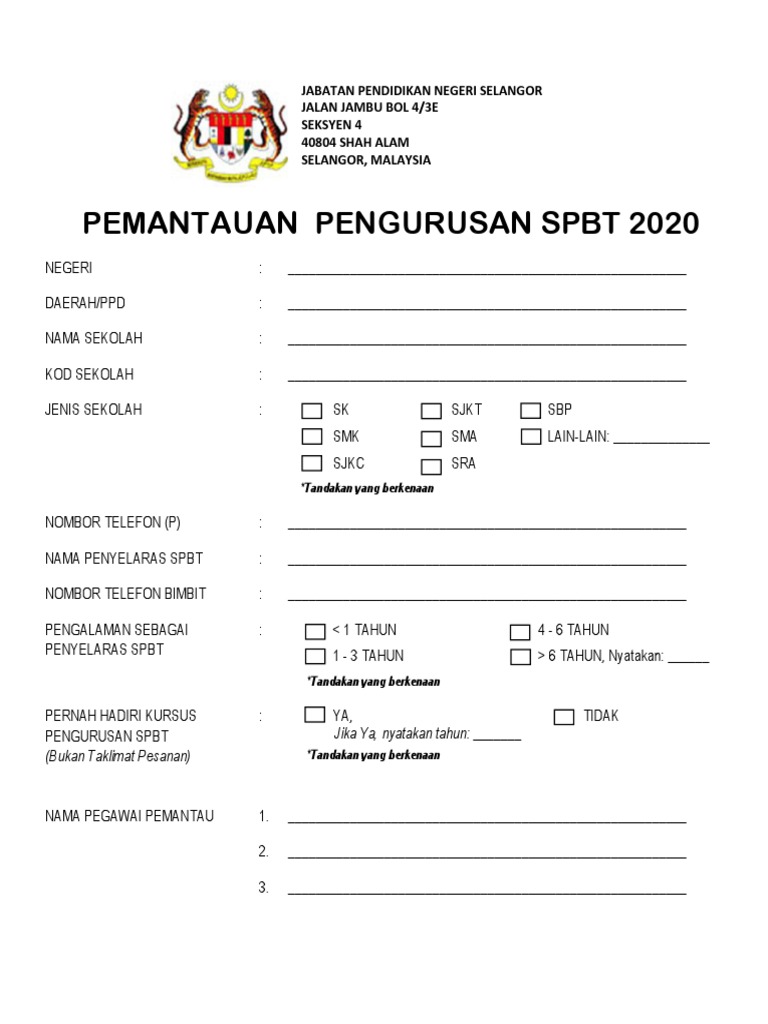 Instrumen Pemantauan Pengurusan SPBT Sekolah 2020 | PDF