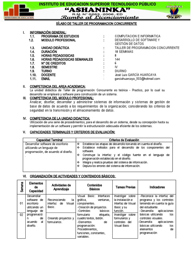 Silabo 2020 - Taller de Programacion Concurrente | PDF | Básico | Software