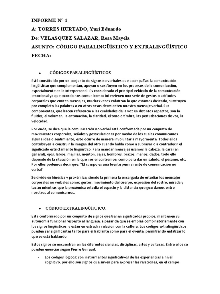 s2 INFORME Paralinguistico - Extralinguistico | PDF | Comunicación no ...
