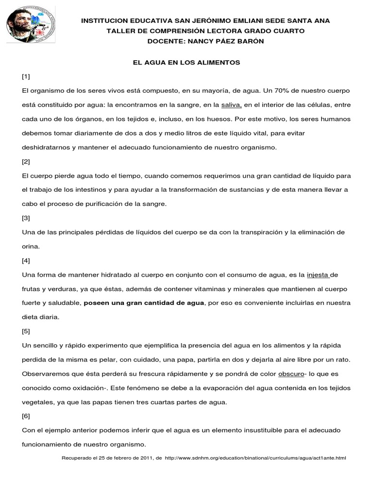 Taller Comprensión Lectora El Agua en Los Alimentos Grado Cuarto | PDF ...