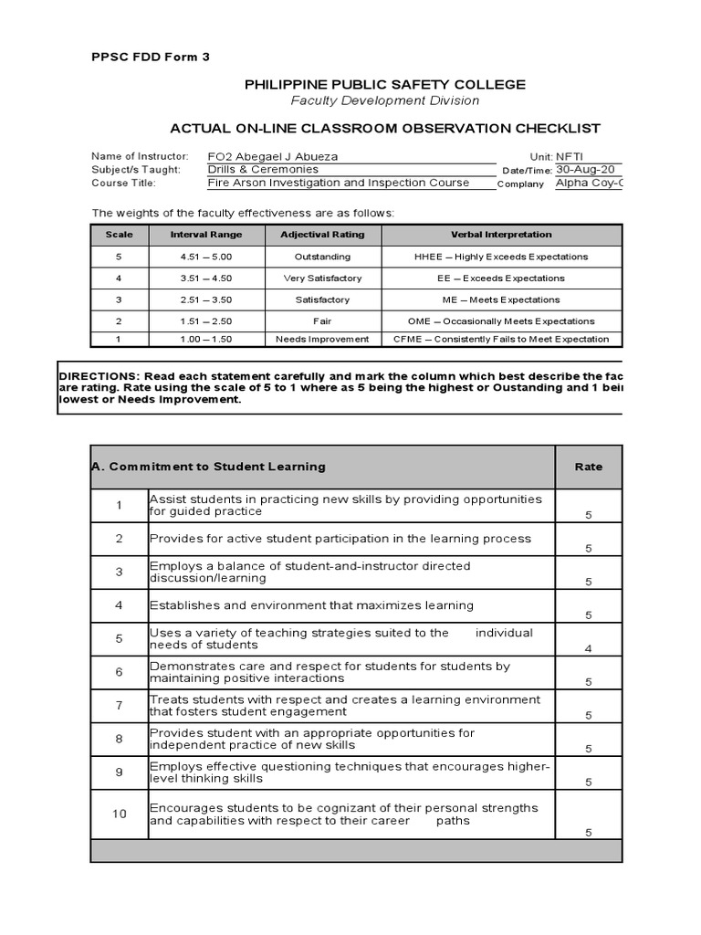 PPSC FDD Classroom Observation Checklist | PDF | Educational Assessment ...