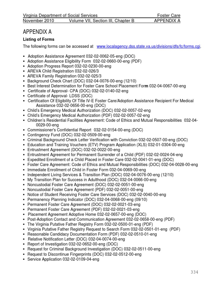 Appendix A Listing of Forms | PDF | Child Protective Services | Foster Care