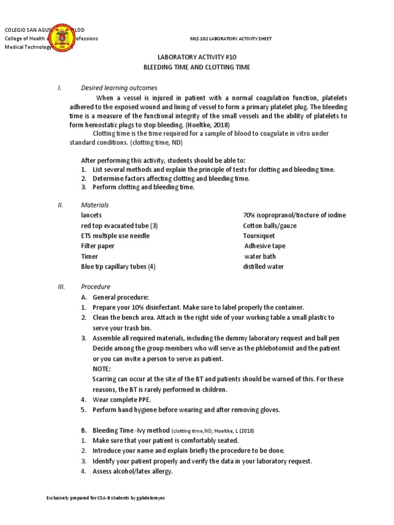 Bleeding and Clotting Time Methods | PDF | Coagulation | Bleeding
