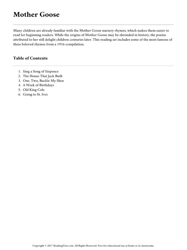 Mother Goose | PDF | Traditional Children's Songs