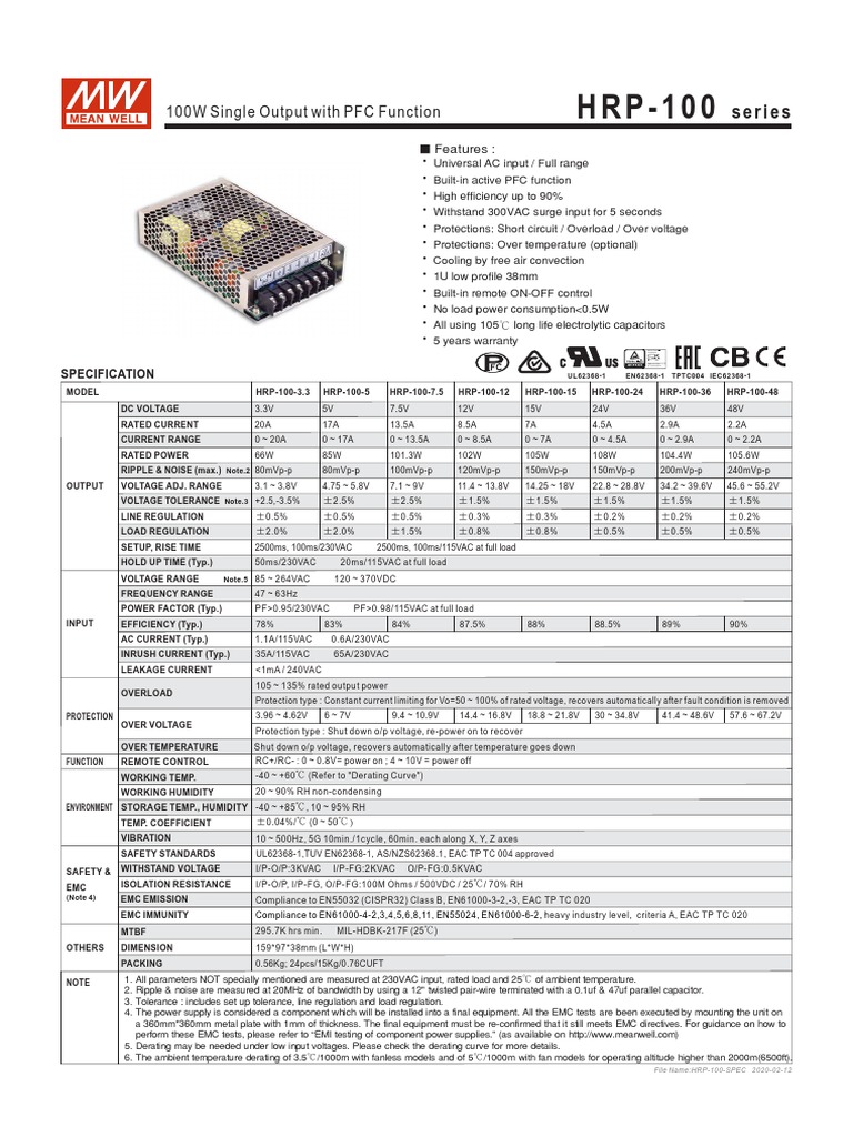 Datasheet Power Supply Mean Well | PDF | Power Supply | Rectifier