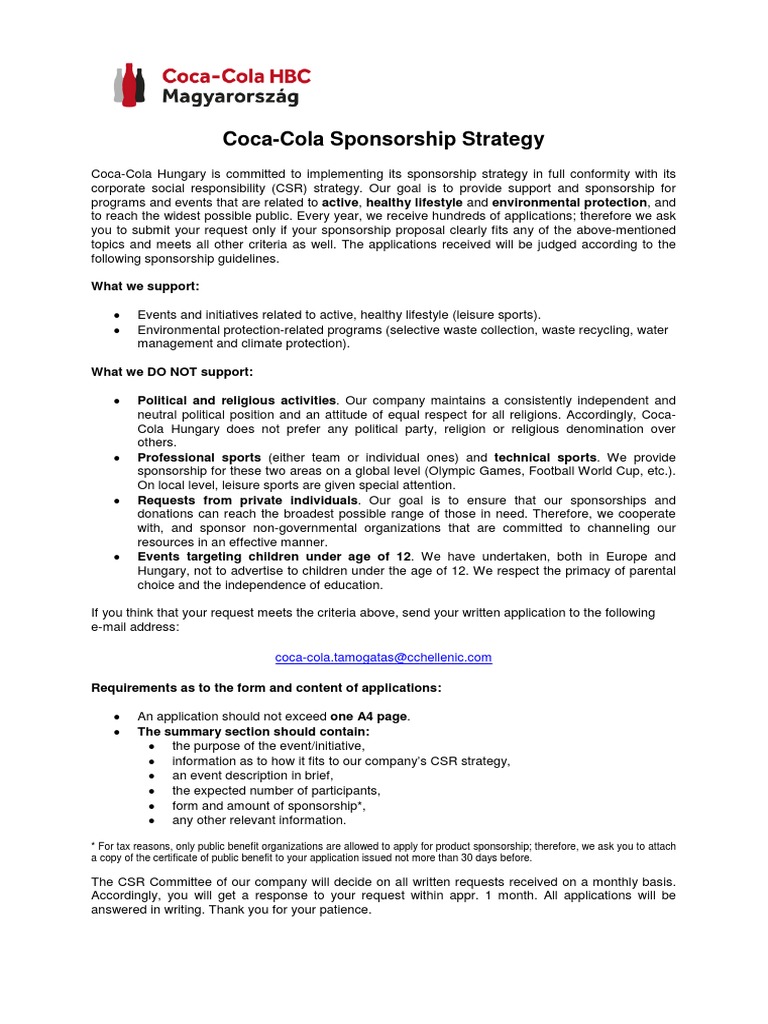 Coca-Cola Sponsorship Strategy: What We Support | PDF | Corporate ...