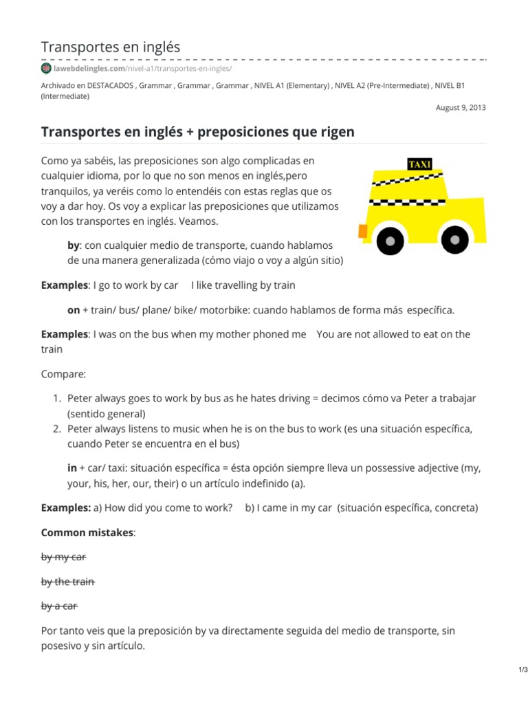 Transportes en inglés: Preposiciones y verbos clave | PDF