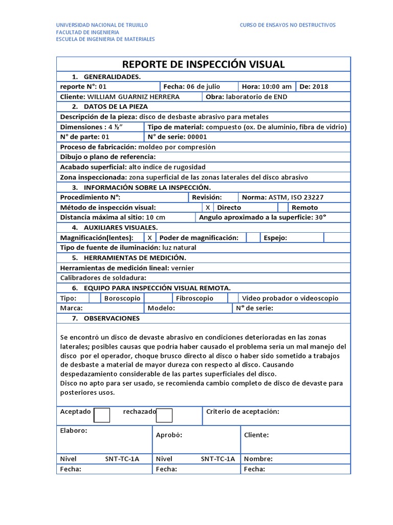 Reporte de Inspección Visual | PDF | Abrasivo | Acero