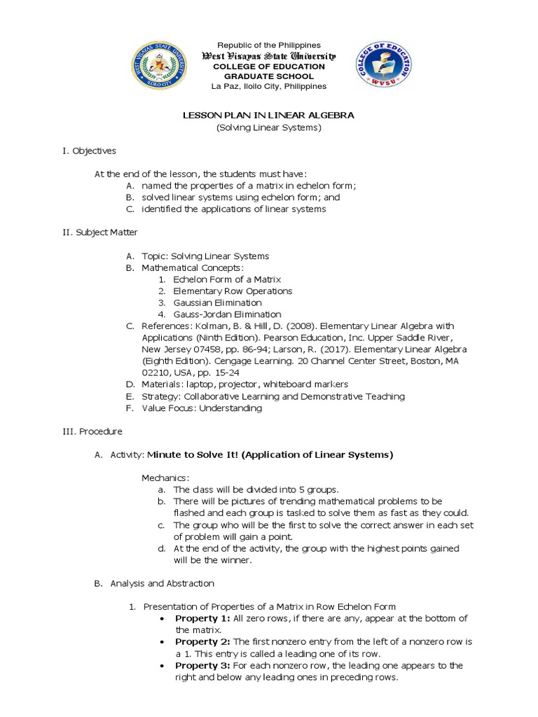 Linear Algebra Lesson Plan: Systems | PDF | Algorithms | Teaching ...