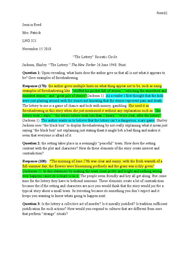 The Lottery Socratic Circle Questions | PDF | Mystery, Thriller & Crime ...
