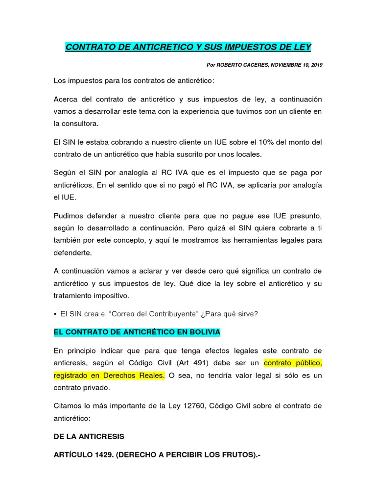 Contrato de Anticretico y Sus Impuestos de Ley | PDF | Impuestos ...