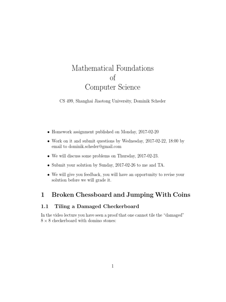 Mathematical Foundations of Computer Science: 1 Broken Chessboard and Jumping With Coins | PDF ...