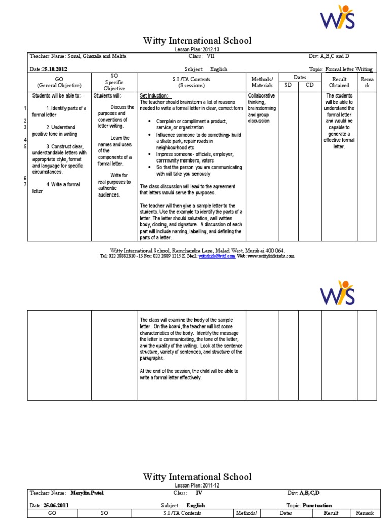 Formal Letter Writing Lesson Plan | PDF | Lesson Plan | Pedagogy