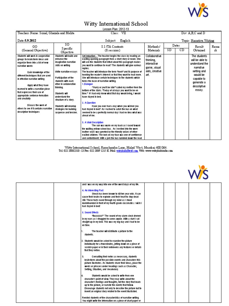 Lesson Plan On Narrative Writing | PDF | Narrative | Essays