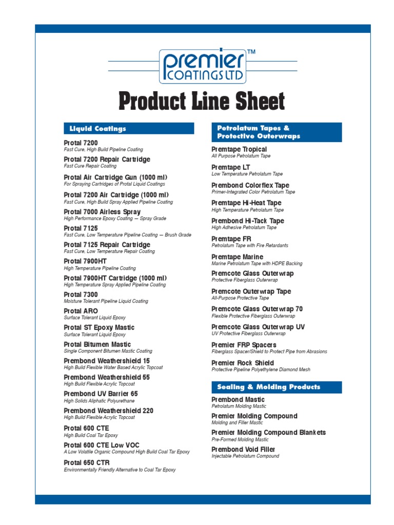 Product Line Sheet: Liquid Coatings Petrolatum Tapes & Protective ...