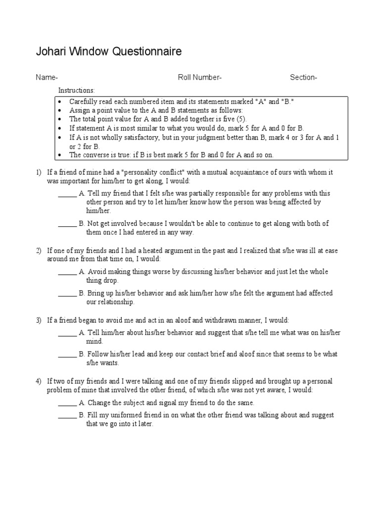 Johari Window Questionnaire-Part1 | PDF | Social Psychology | Psychology