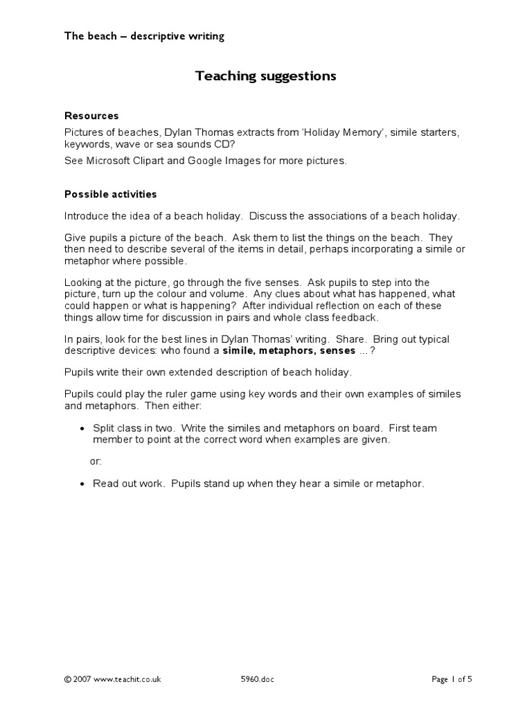 Descriptive Writing Examples Beach