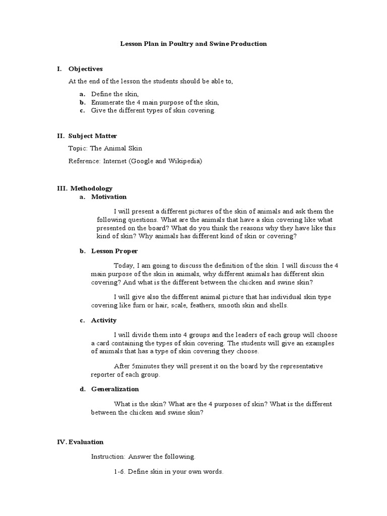 Lesson Plan in Poultry and Swine Production | PDF
