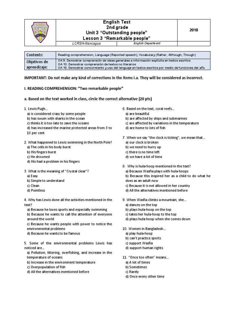 NM2 - Test Unit 3, Lesson 3 PDF | PDF | Nature