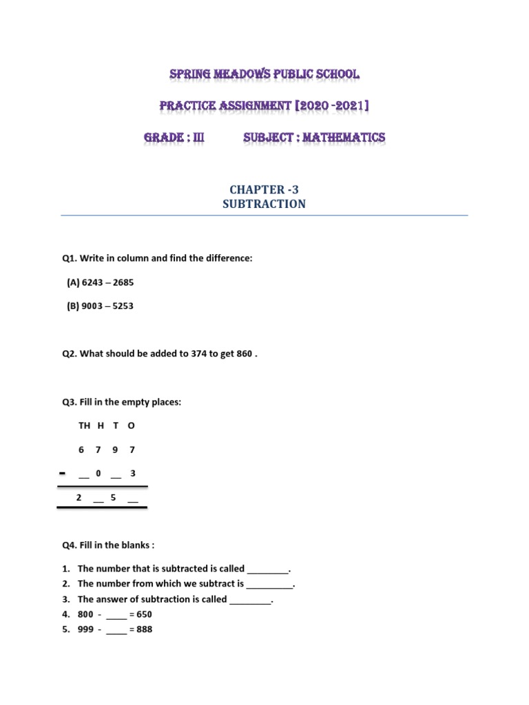 Chapter - 3 Subtraction | PDF