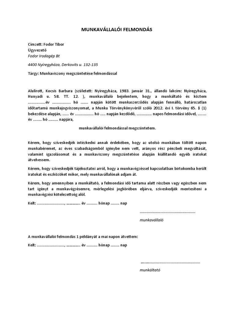 Munkavállalói Felmondás Minta - Docx - 0 | PDF