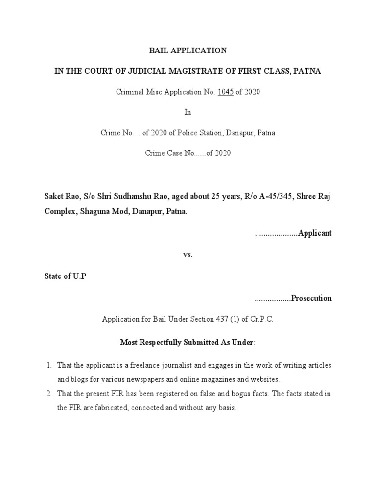 Bail Application in The Court of Judicial Magistrate of First Class ...