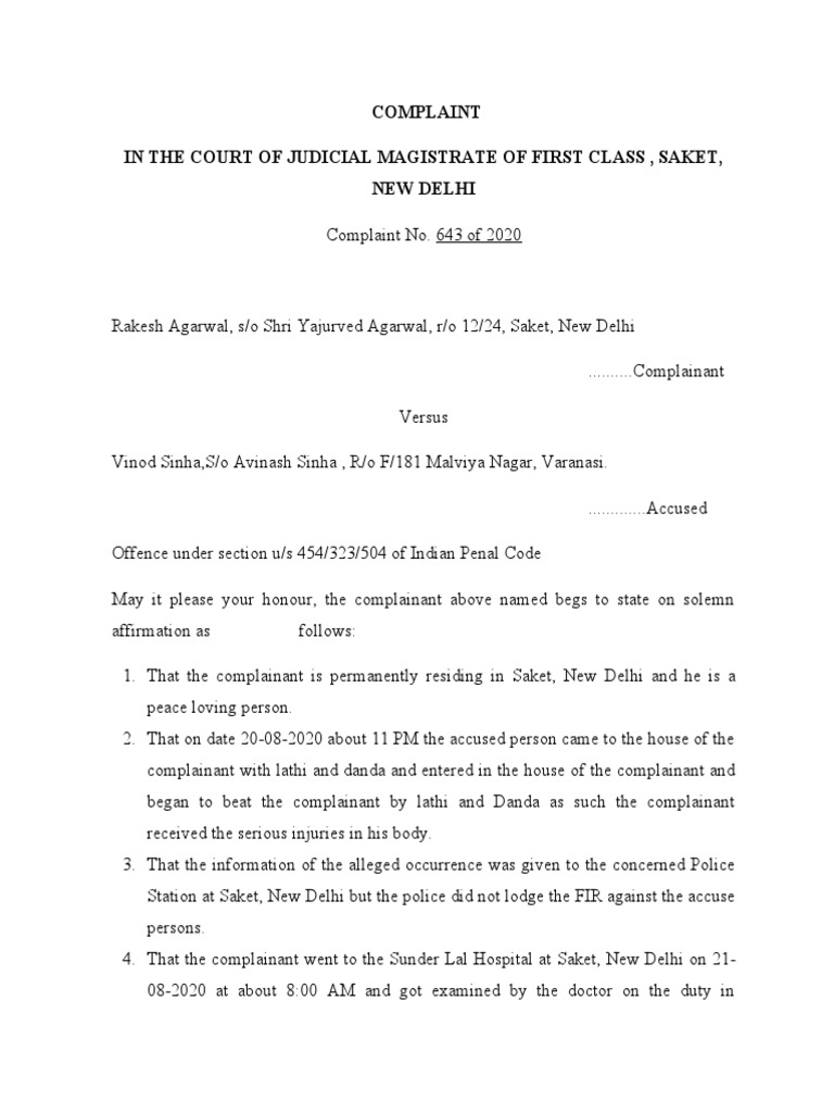 Complaint in The Court of Judicial Magistrate of First Class, Saket ...