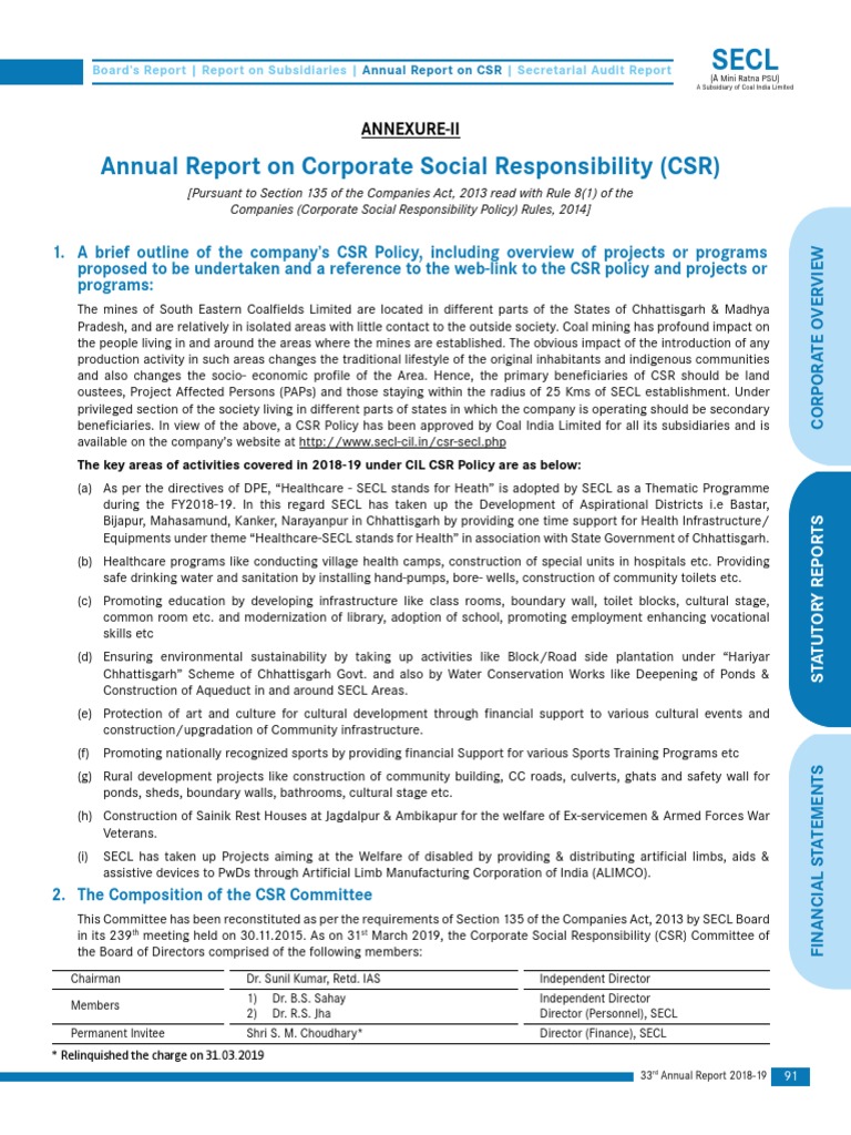 Annual Report On Corporate Social Responsibility (CSR) | PDF ...
