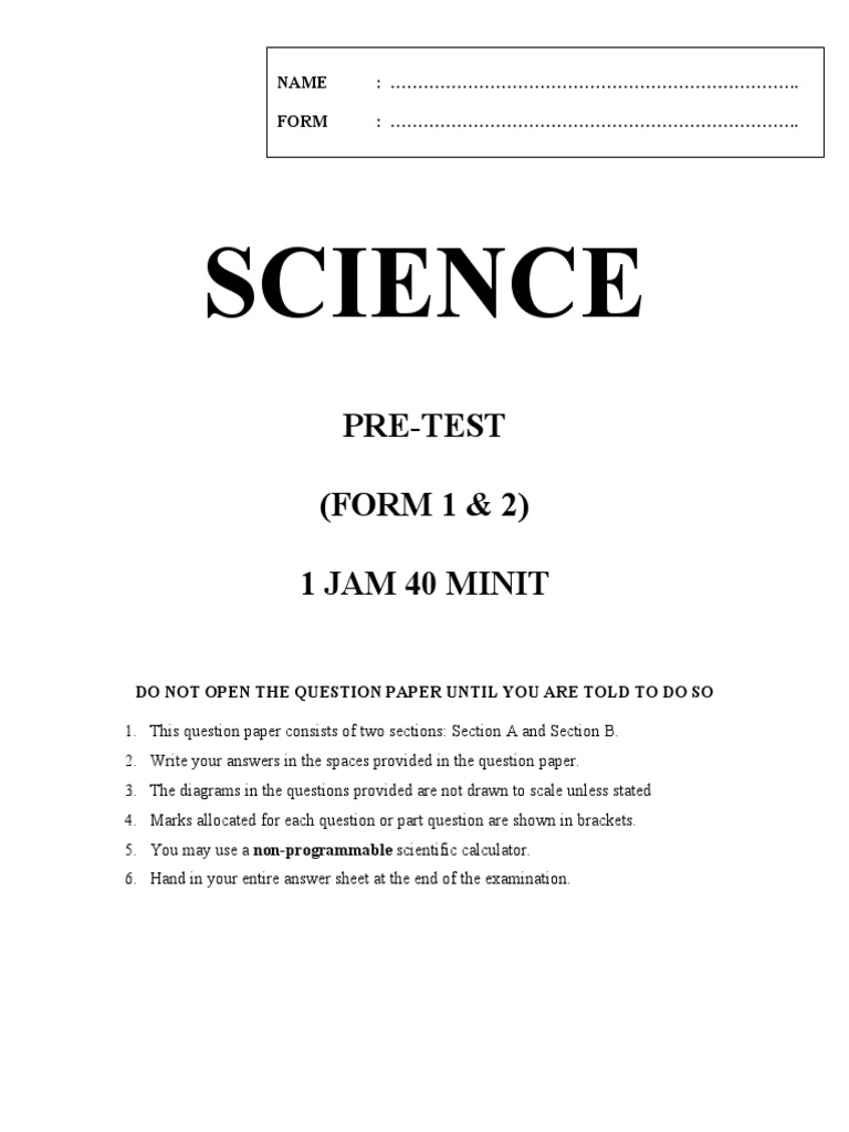 Form 1 & 2 Science Pre-Test Paper | PDF | Weight | Gases
