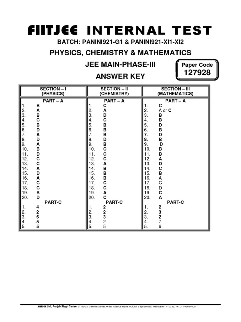 Fiitjee: Internal Test | PDF