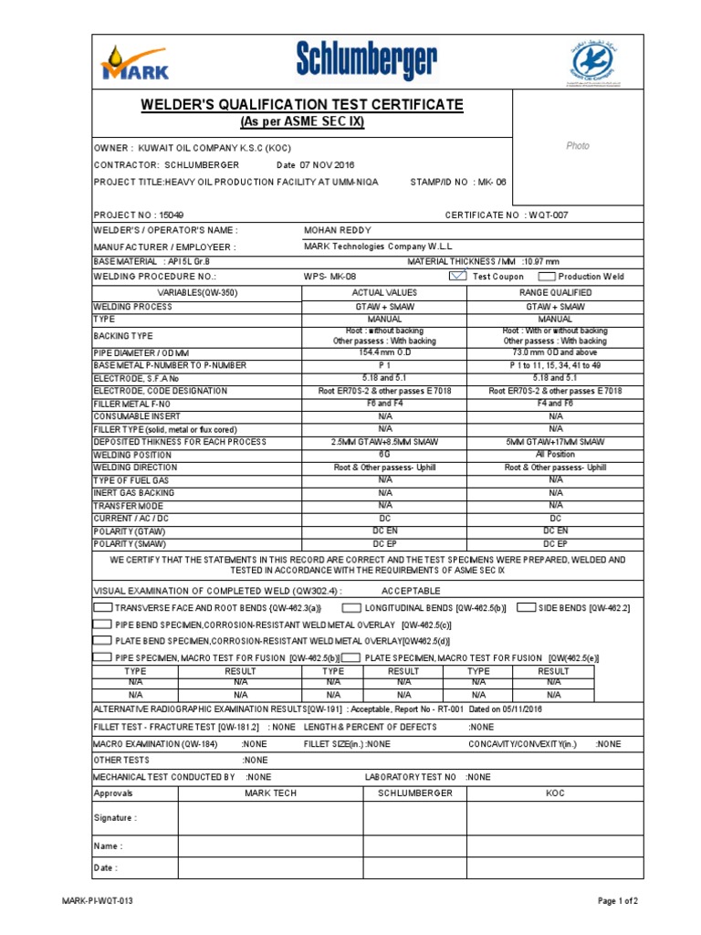 Welder'S Qualification Test Certificate: (As Per Asme Sec Ix) | PDF ...