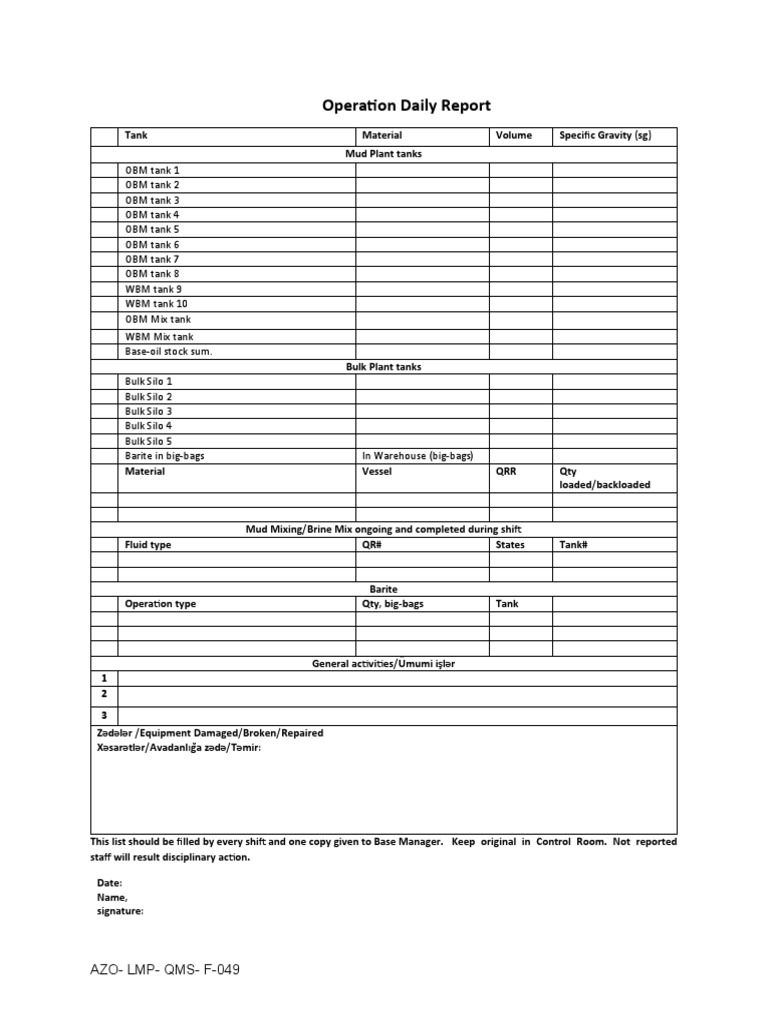 AZO-LMP-QMS-F-049 Operation Daily Report | PDF