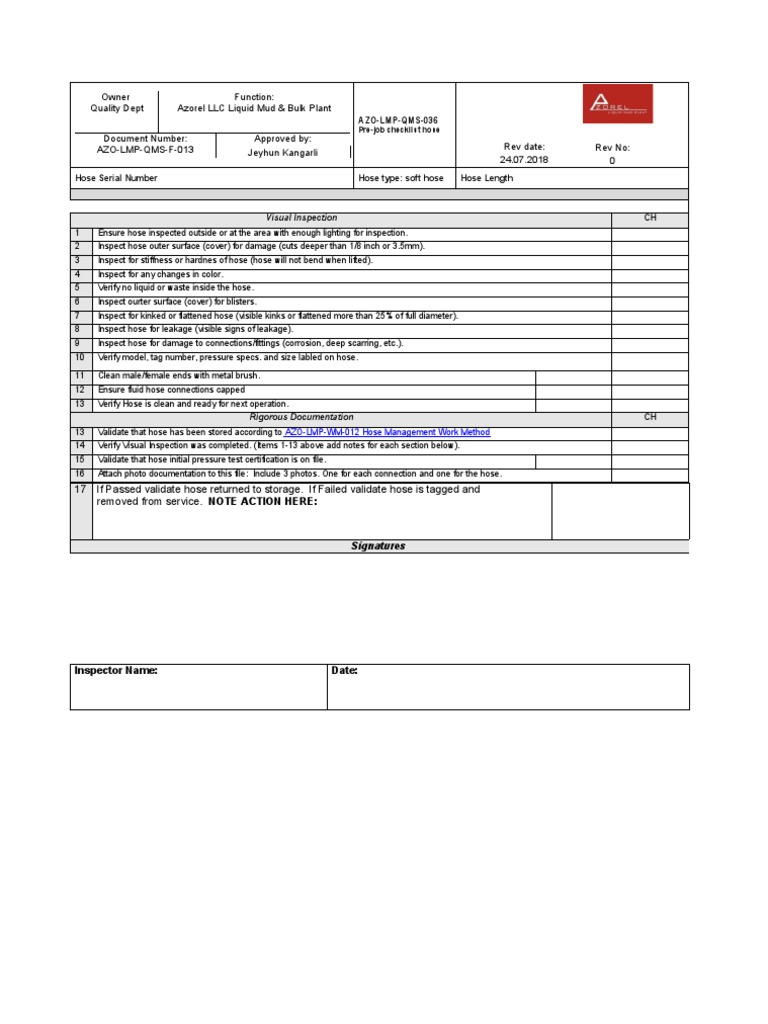 Prejob Checklist Hose | PDF | Mechanical Engineering | Nature
