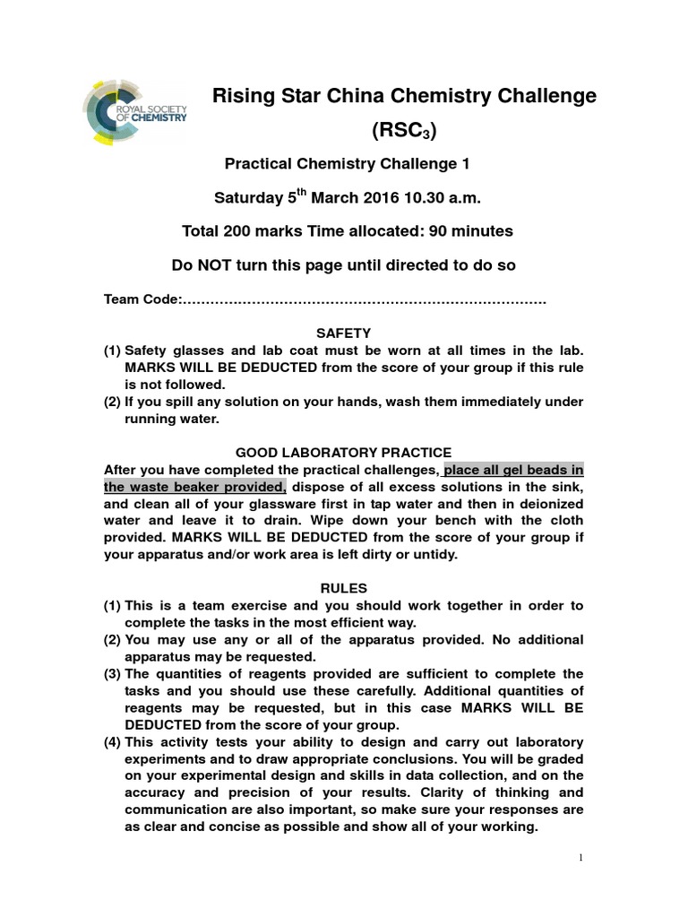 RSC3 Practical Challenge 1 2016student Sheet Final | PDF | Catalysis ...