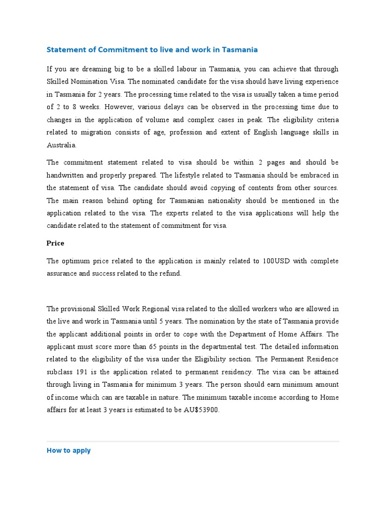 Statement of Commitment To Live and Work in Tasmania | PDF | Travel ...