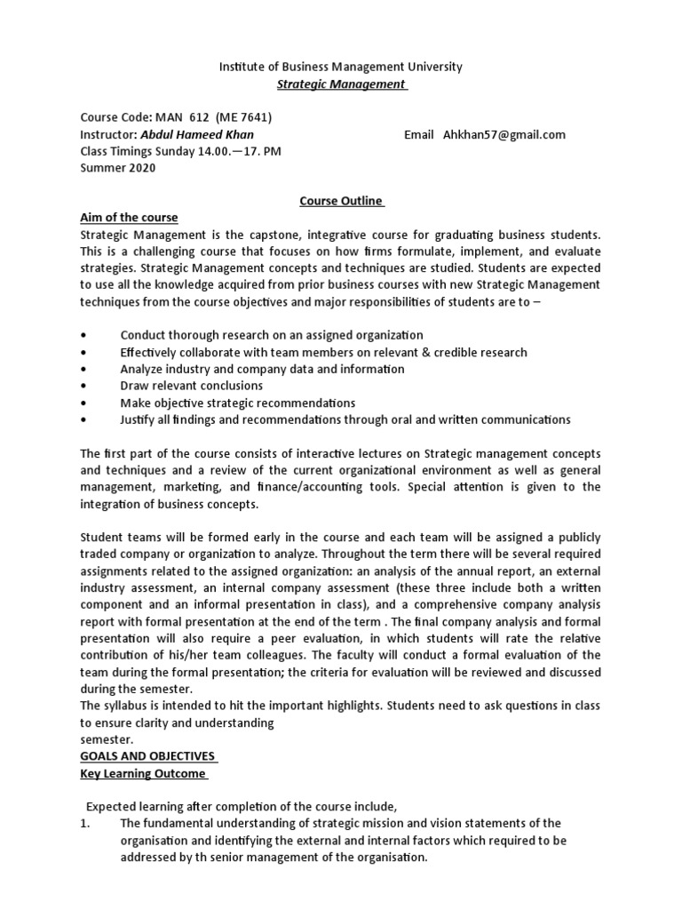 Institute of Business Strategic Management Course | PDF | Strategic ...