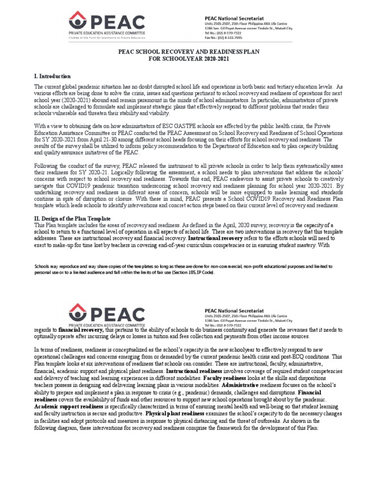 Peac School Recovery and Readiness Plan FOR SCHOOLYEAR 2020-2021 | PDF ...