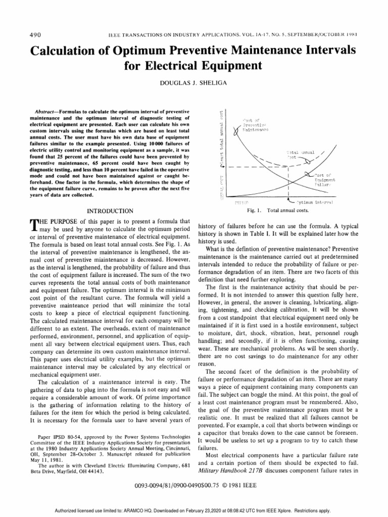 Calculation of Optimum Preventive Maintenance Intervals For Electrical ...