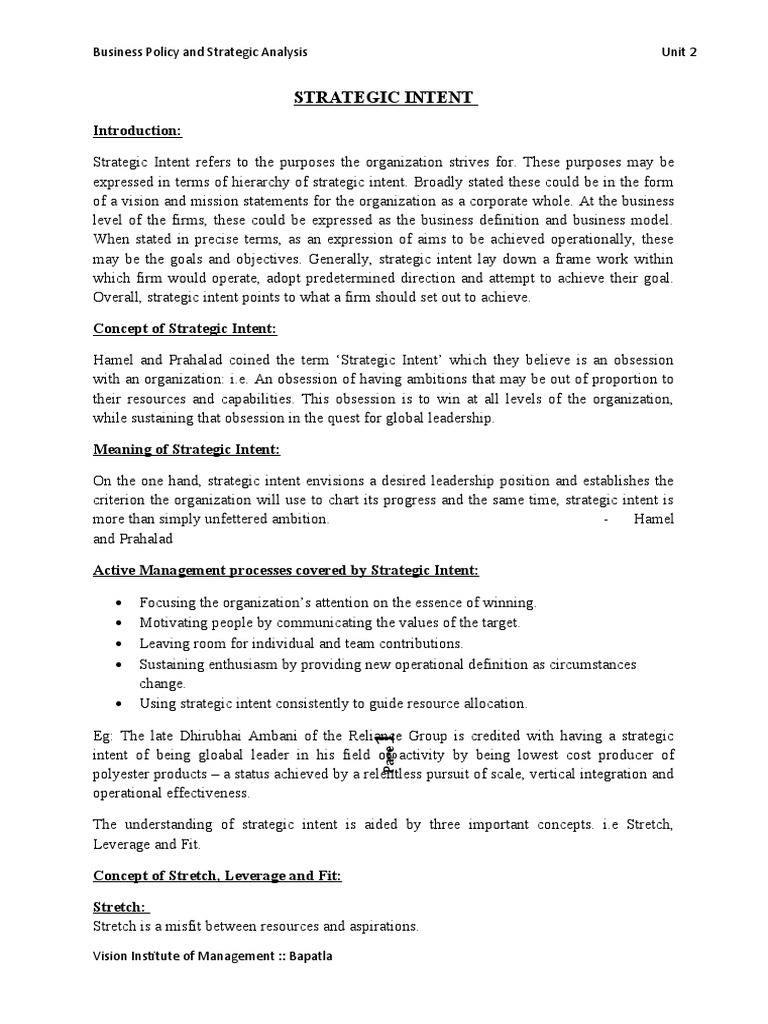 Strategic Intent: Business Policy and Strategic Analysis Unit 2 | PDF ...