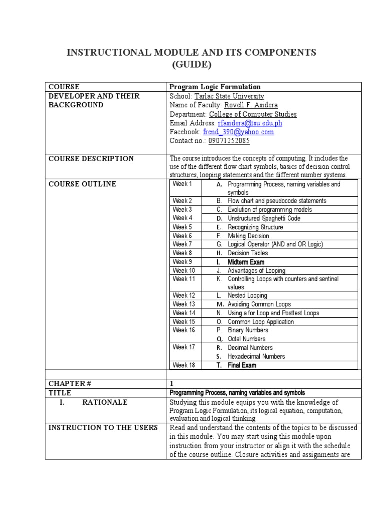 Instructional Module and Its Components (Guide) : Course Program Logic Formulation Developer and ...