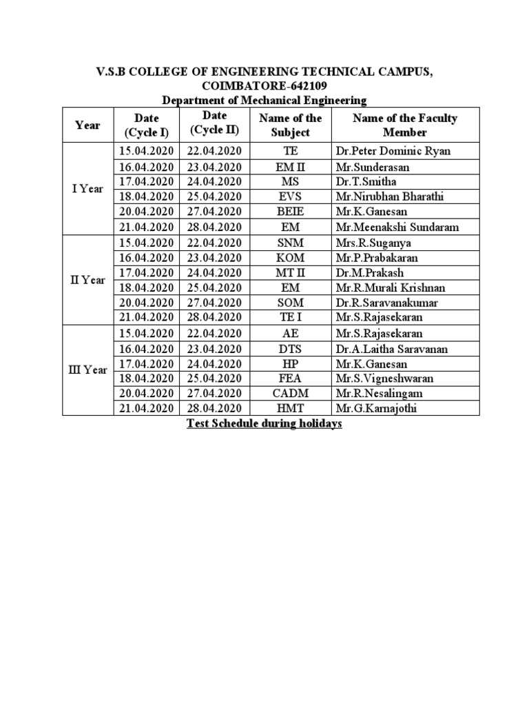 Home Test Schedule | PDF
