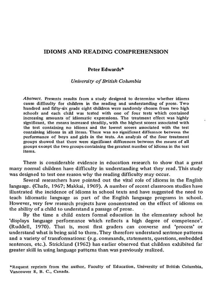 Idioms and Reading Comprehension: University of British Columbia | PDF ...