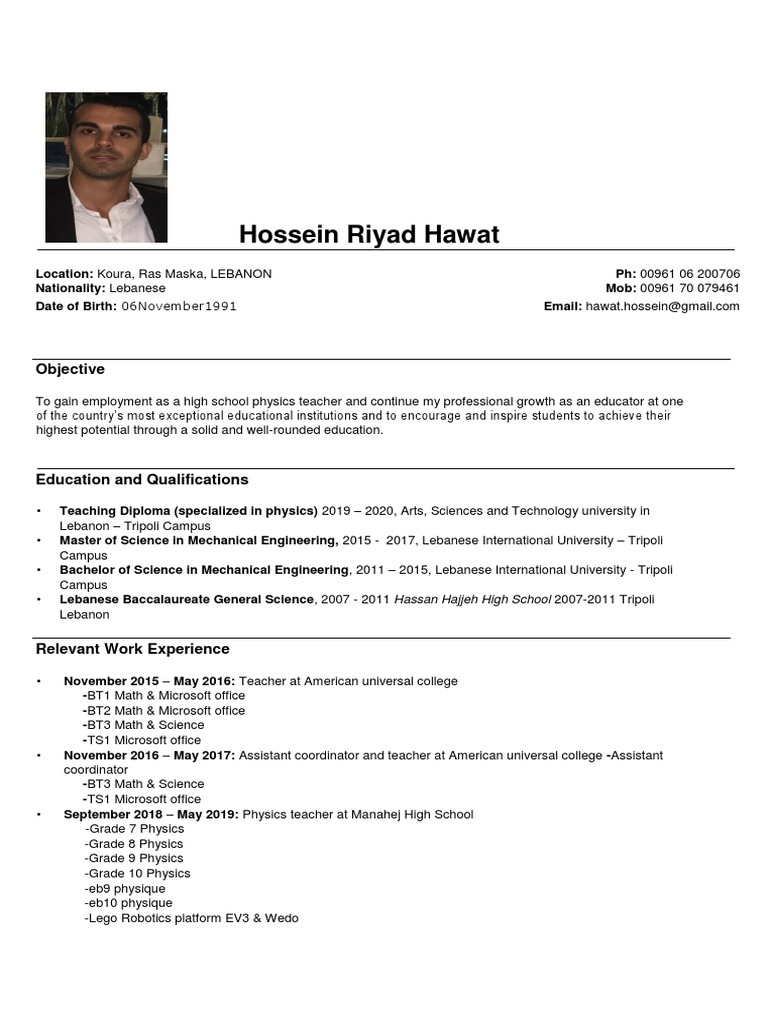 Hossein Hawat CV | PDF | Lebanon | Teachers