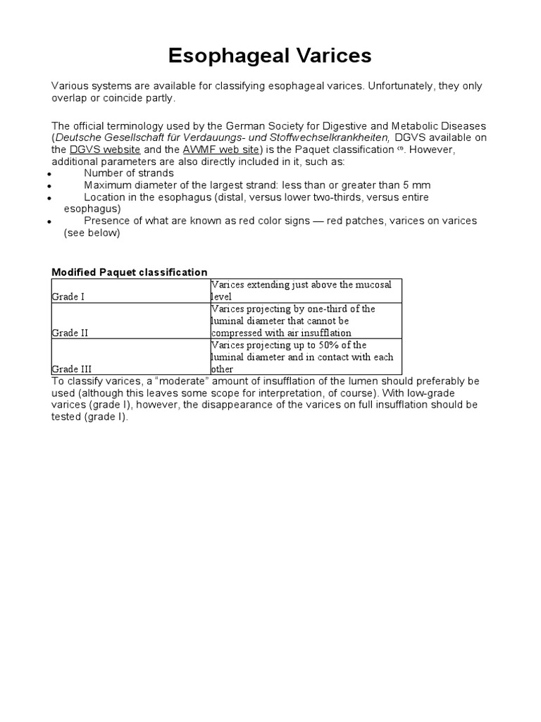Esophageal Varices: Modified Paquet Classification | PDF | Esophagus ...