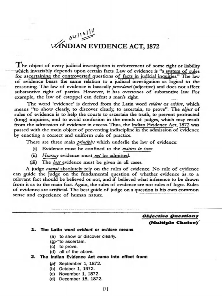 Overview of Indian Evidence Act, 1872 | PDF | Evidence (Law) | Burden ...