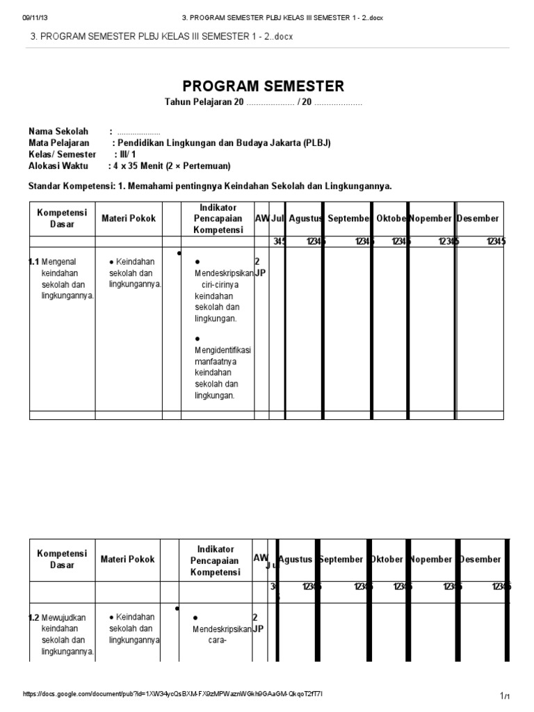 Program Semester PLBJ Kelas III | PDF