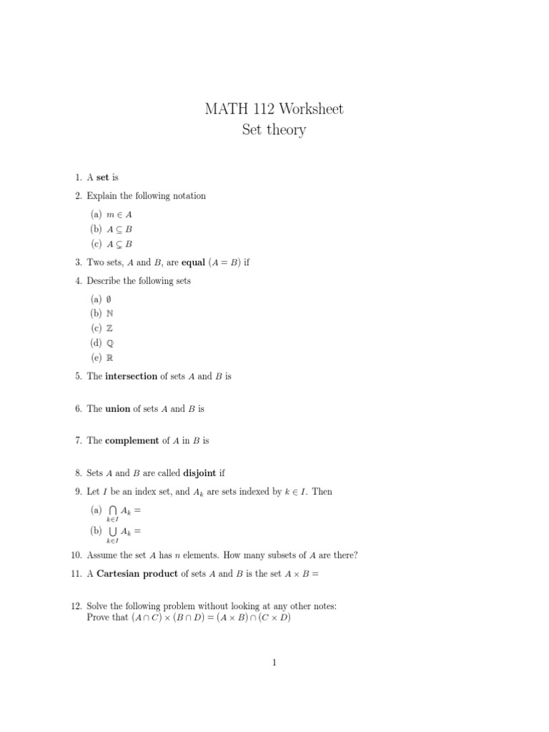 MATH 112 Worksheet Set Theory | PDF